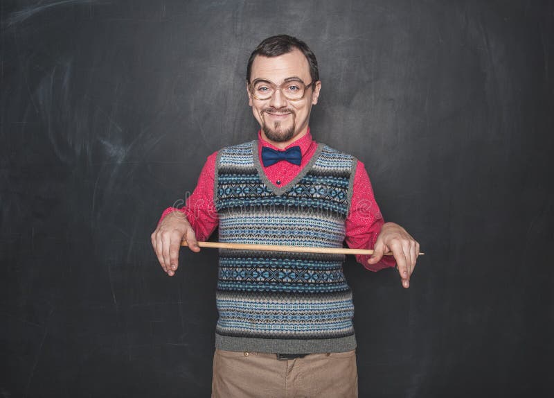 Funny Happy Teacher Man with Pointer on Blackboard Stock Photo - Image ...