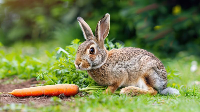 Funny Hare with Carrot in Grass. Generative Ai Stock Image - Image of ...