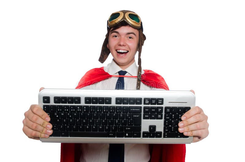Funny Hero with Keyboard Isolated Stock Photo - Image of boss, brave ...