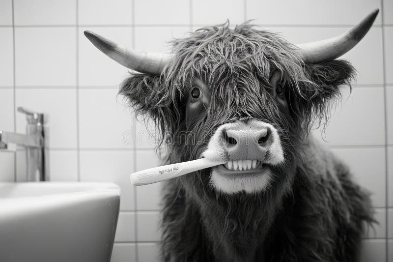 Highland Cow Brushing Teeth in the Bathroom with Toothbrush Stock Image ...