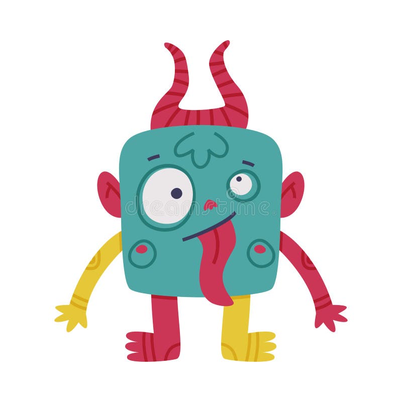 Funny Horned Monster With Long Arms Sticking Out Tongue Vector
