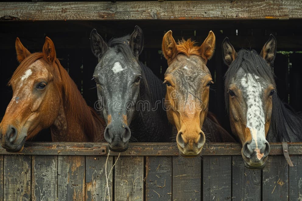 Funny Horses in a Stable on a Farm Stock Photo - Image of cute ...