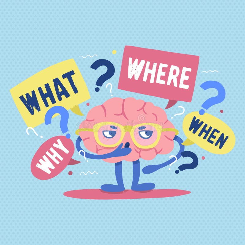 Funny Human Brain with Glasses Surrounded by Questions and ...