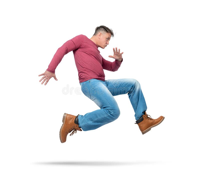 Funny Hurrying Man in Casual Clothes Runs High Bouncing, Side View ...