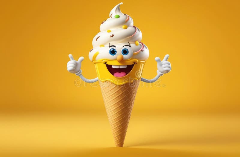 Funny Ice Cream Cone Cartoon Character with Smiling Face on Solid ...