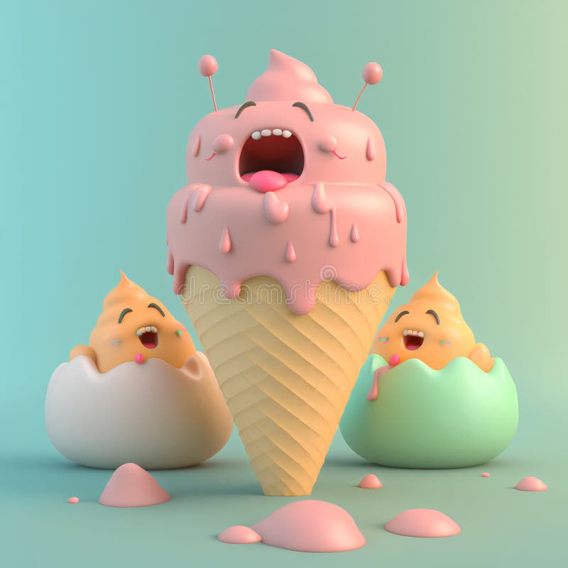 Funny Ice Cream in Waffle Cones. 3D Rendering Stock Illustration ...