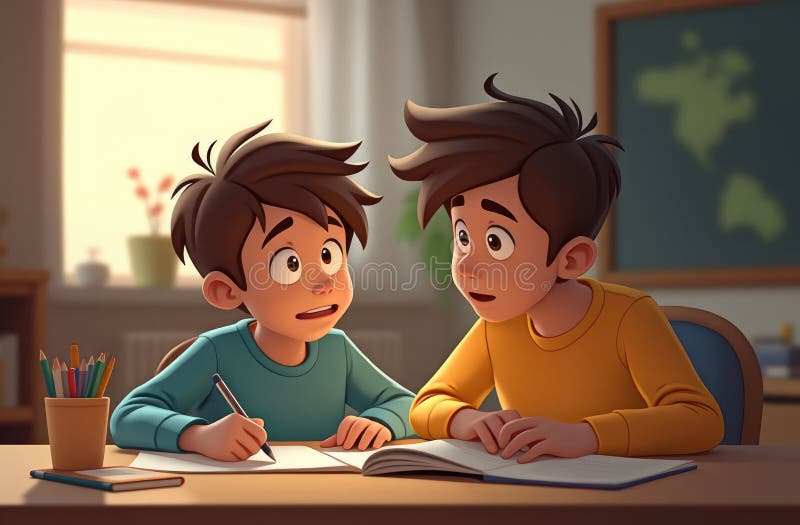 Funny Illustration of Brothers Doing Homework Together, Both Looking Puzzled but Trying Hard ...