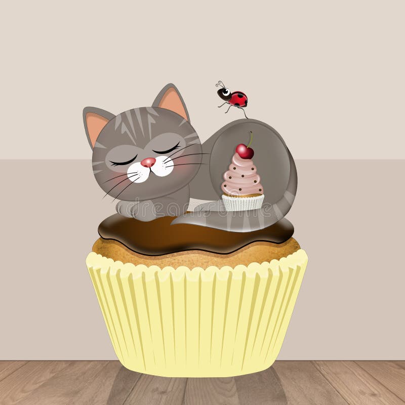 Illustration of Cat Sleeping on the Cupcake Stock Illustration ...