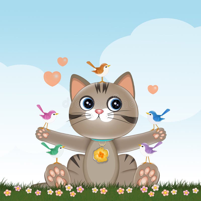 Illustration of Kitten and Birds in Spring Stock Illustration ...