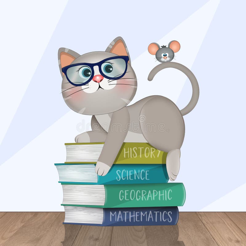 Illustration of Nerd Cat on Books Stock Illustration - Illustration of ...