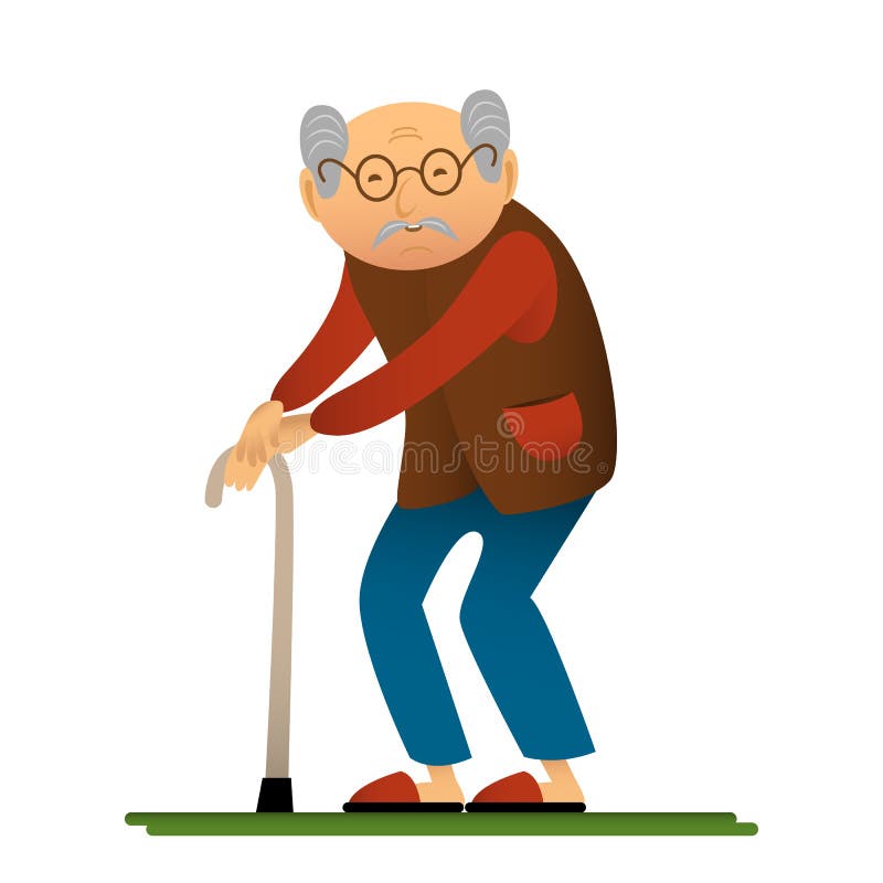Funny Illustration of Old Man with Cane, Cartoon Character Stock Vector ...