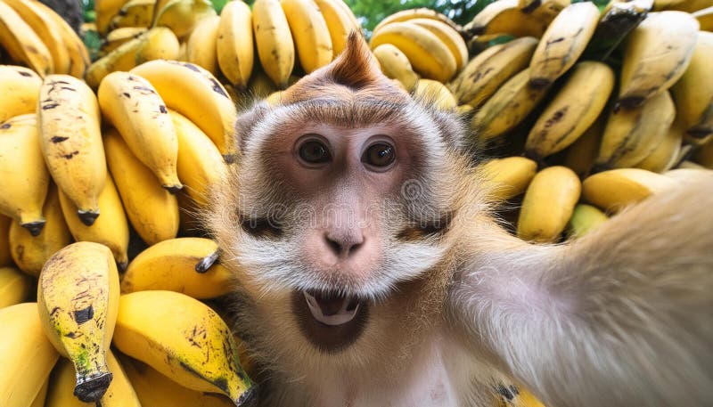 Funny Imge of a Happy Monkey Taking a Selfie Surrounded by Bananas Stock Photo - Image of fruit ...
