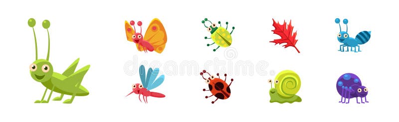 Funny Insect Small Crawling Animal and Leaf Vector Set Stock Vector ...