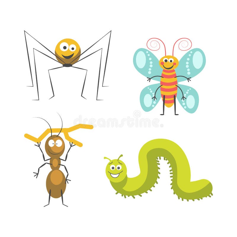 Funny Insects with Cute Friendly Faces Illustrations Set Stock Vector ...