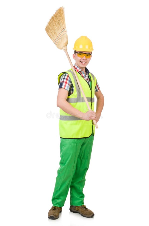 Funny janitor with broom stock photo. Image of janitor - 40893710