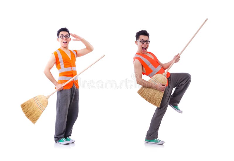 The Funny Janitor Isolated on White Stock Image - Image of housework ...