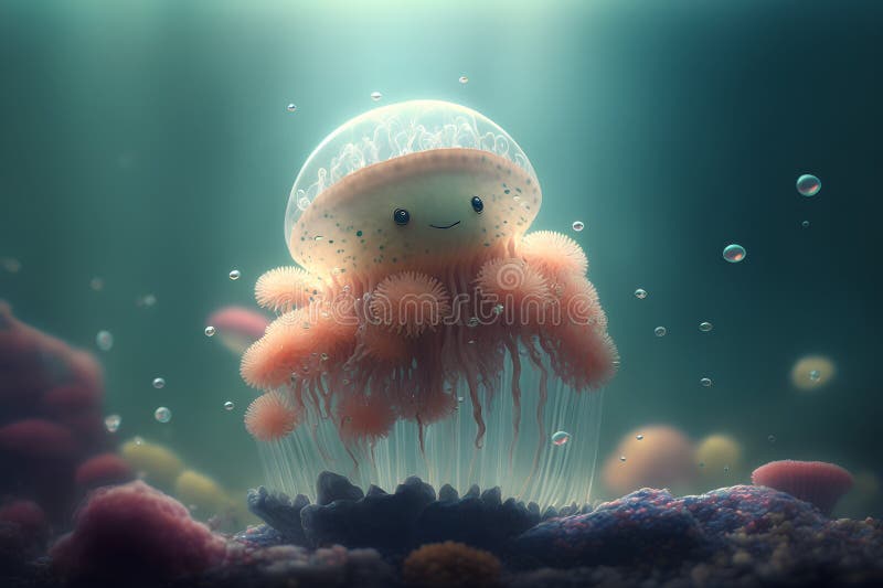 Funny Jellyfish Swimming in the Ocean. 3D Illustration Stock ...