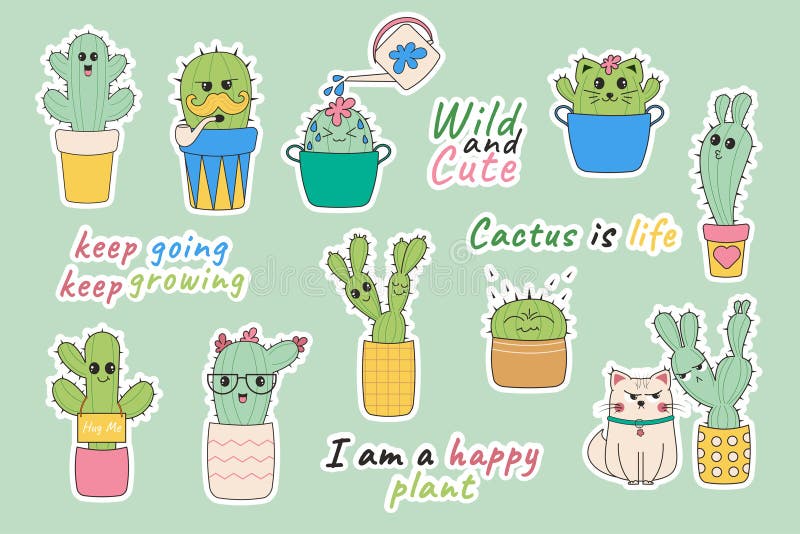 Funny Kawaii Cactus Stickers. Cartoon Cactus Stock Vector ...