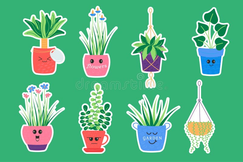Funny Kawaii Stickers of Different Plants. Cartoon Plants Stock Vector ...