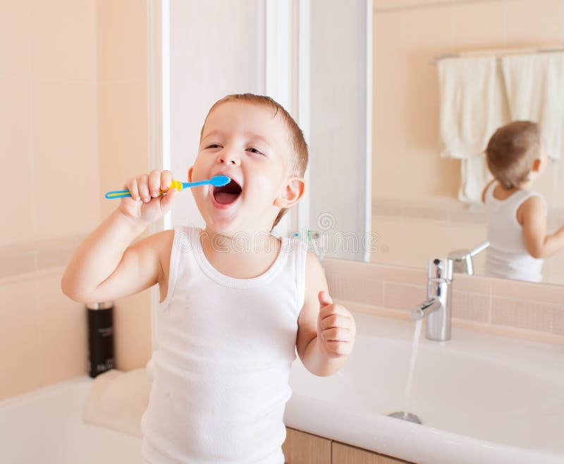 Funny Kid Boy Cleaning Teeth in Bathroom Stock Image - Image of pajamas ...