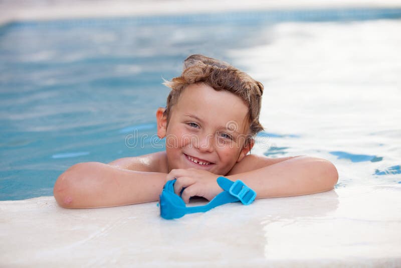 Funny Kid Cooling Off in the Pool Stock Image - Image of cheerful ...