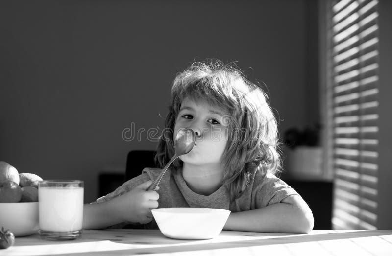 Funny Kid with Plate of Soup. Child Dinner. Stock Photo - Image of ...