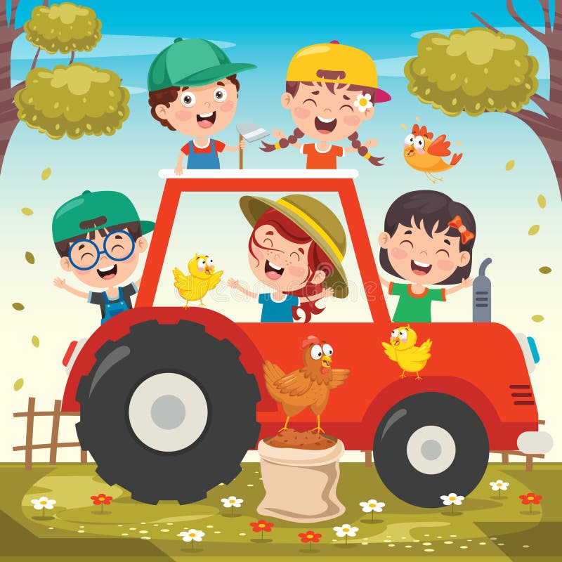 Funny Kid and a Tractor stock vector. Illustration of child - 183581906