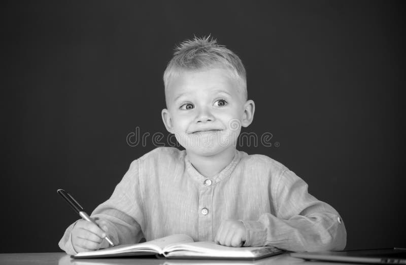 Funny Kid Writing in Notebook in Class. Child at School. Kid is ...