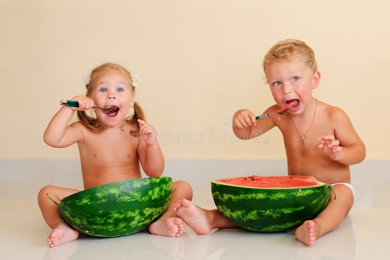 Funny Kids Eating Watermelon Stock Photo - Image of beautiful ...
