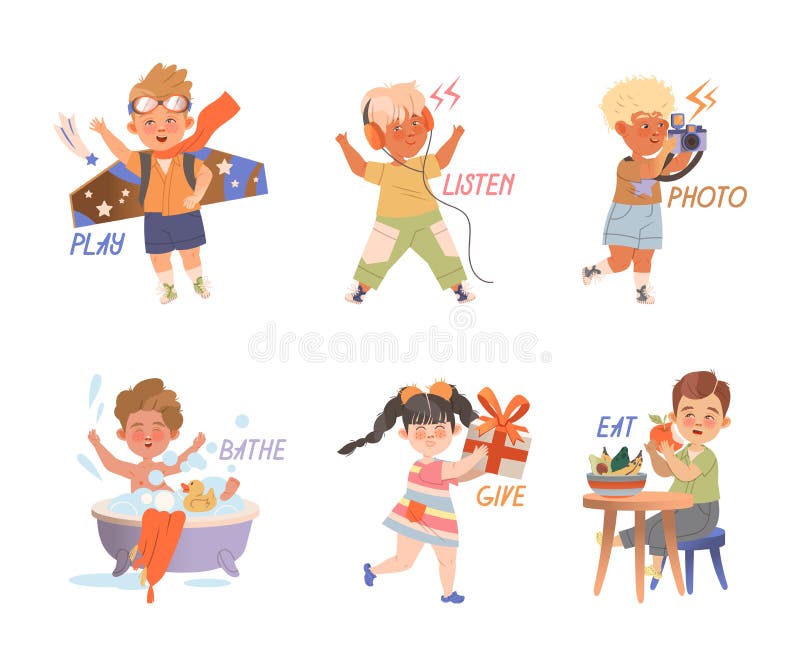 Funny Kids Engaged in Different Activity Demonstrating Verb Vector Set ... Funny Kids Engaged in Different Activity Demonstrating Verb Vector Set ...