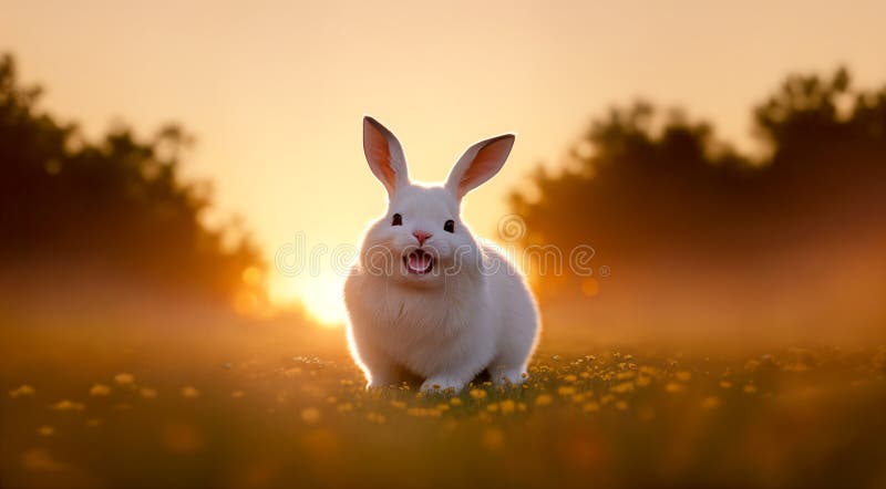 Funny Kind Rabbit in a Field in the Grass Against the Backdrop of the ...