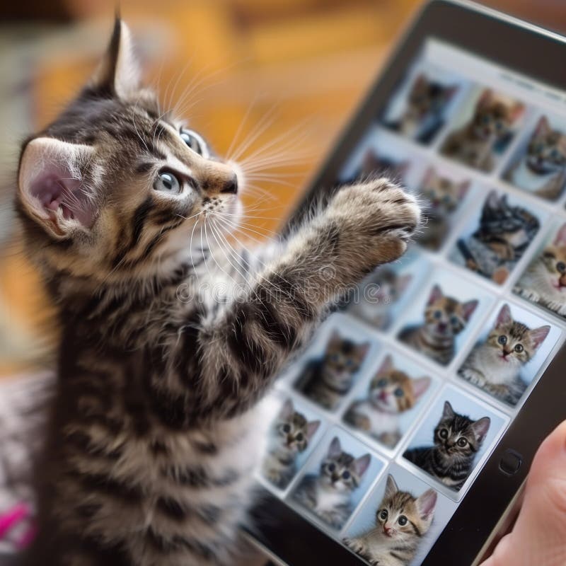 Funny Kitten Scrolling through Cat Photos on a Tablet Stock ...