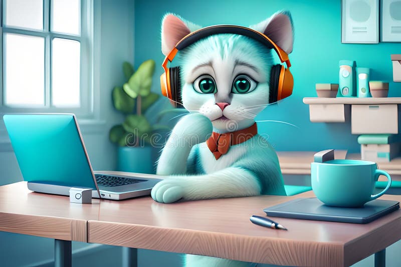 Funny Kitten Work Hard at Office with Computer. Stock Illustration ...
