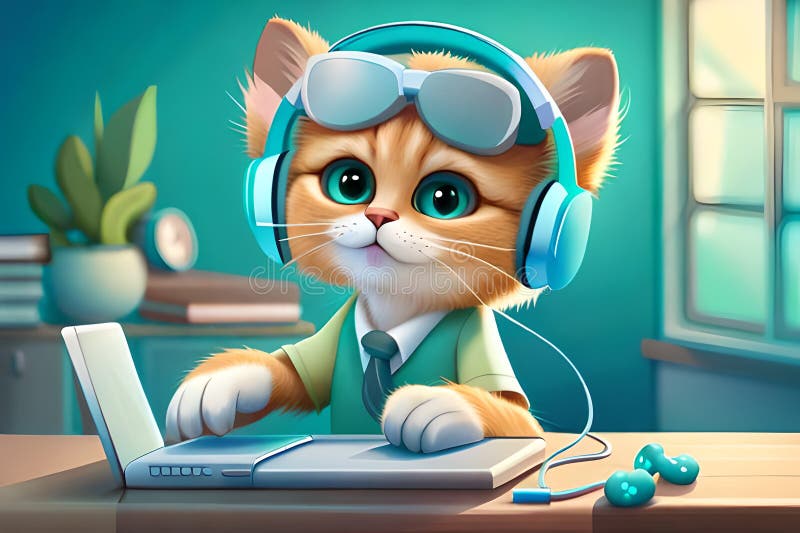 Funny Kitten Work Hard at Office with Computer. Stock Illustration ...