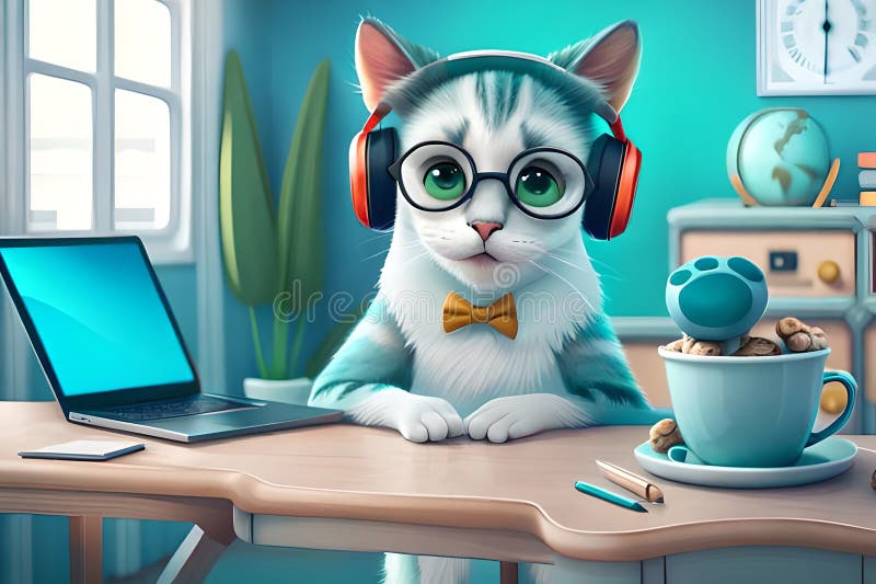 Funny Kitten Work Hard at Office with Computer. Stock Illustration ...
