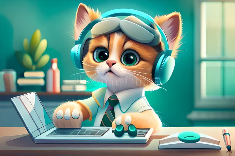 Funny Kitten Work Hard at Office with Computer. Stock Illustration ...