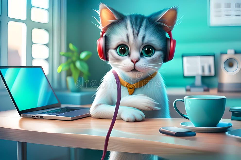 Funny Kitten Work Hard at Office with Computer. Stock Illustration ...