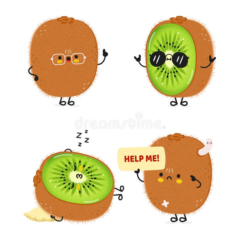 Funny Kiwi Fruit Characters Bundle Set Vector Hand Drawn Doodle Style