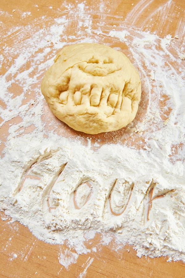 Funny Knead Dough and Flour on Wooden Table with Text Stock Image ...