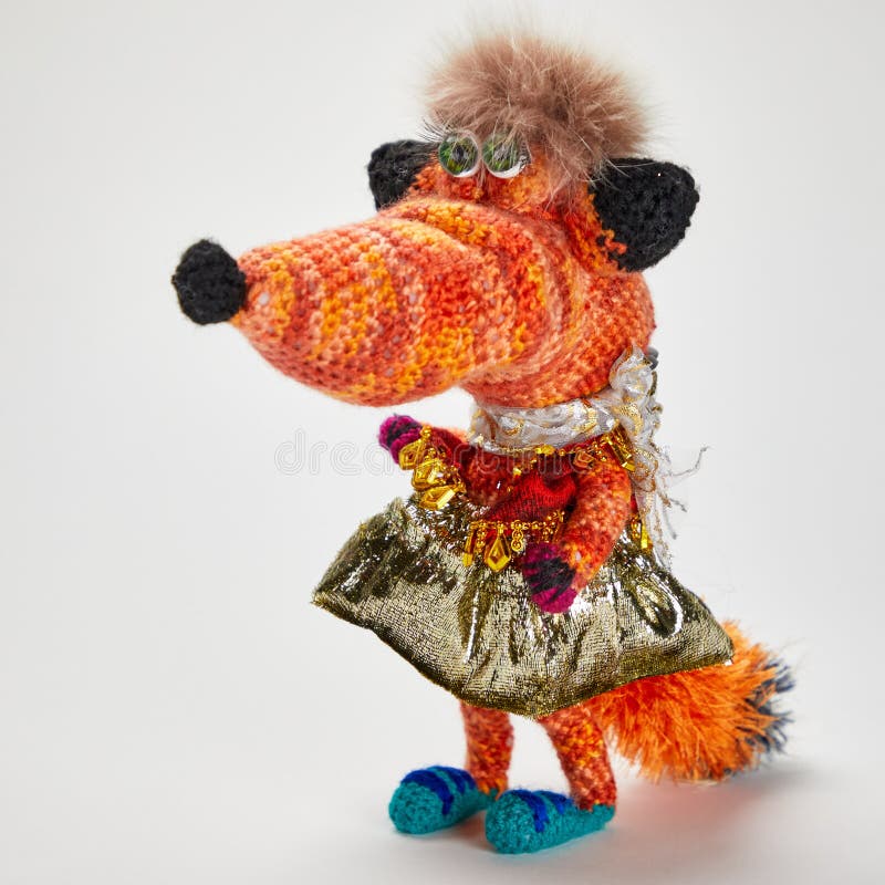 Funny knitted red fox toy stock image. Image of home - 261228609