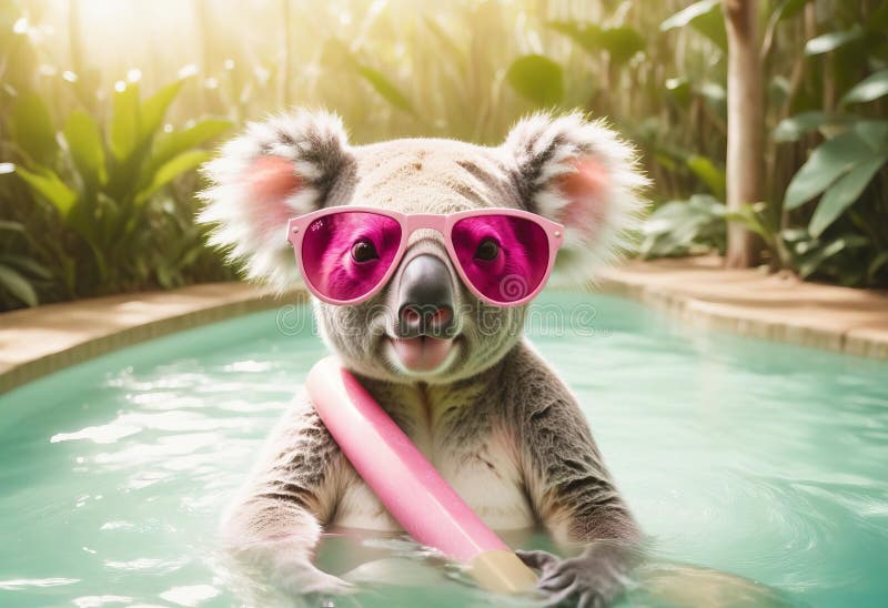 Funny Koala Wearing Pink Sunglasses in a Pool Stock Illustration ...