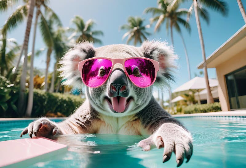 Funny Koala Wearing Pink Sunglasses in a Pool Stock Illustration ...