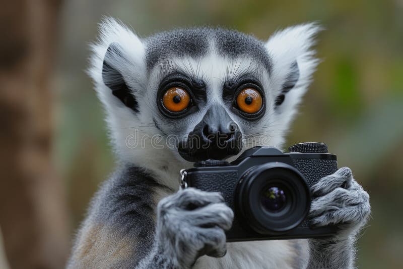 Funny Lemur Photographer is Making Photos Using Professional Digital ...
