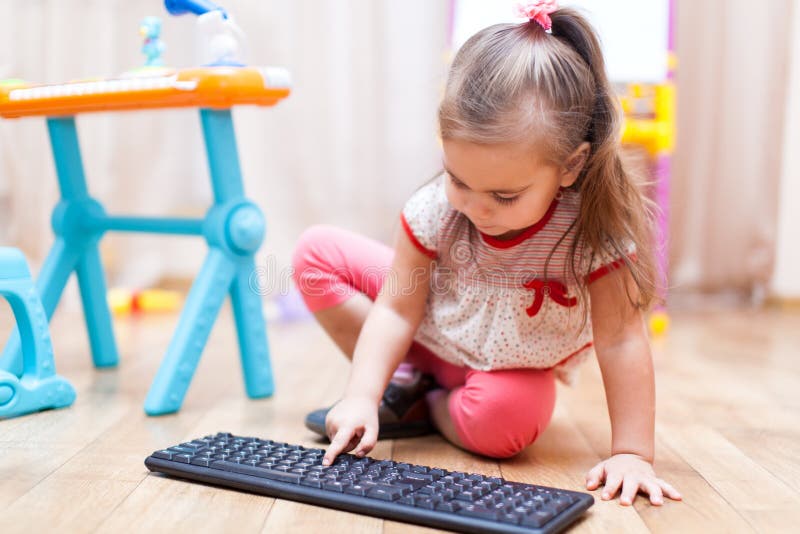 Funny Little Child Playing with Computer Keyboard Stock Image - Image ...