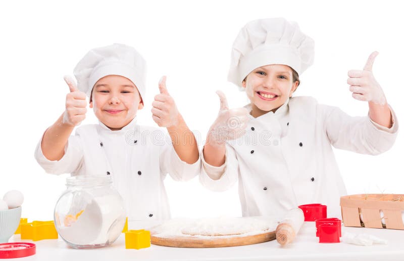 Funny Little Cooks with Thumbs Up and Flour on Faces Stock Photo ...