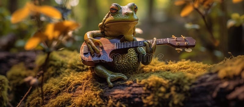 Funny Little Frog Playing a Guitar in the Forest Generative AI Stock ...