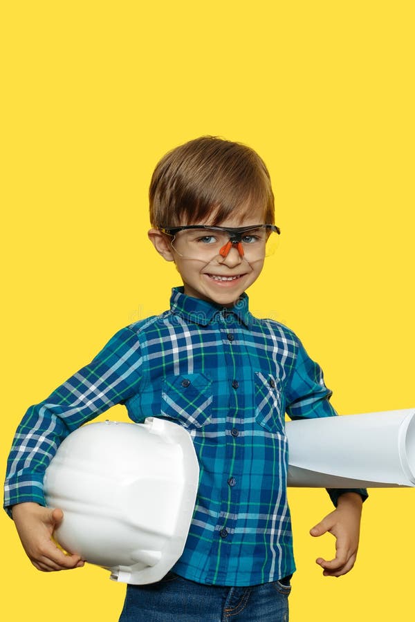 Funny Little Kid Boy Engineer or Architect Holding Protective Helmet ...