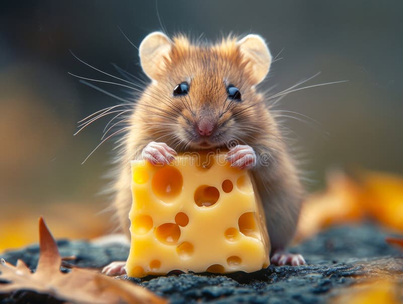 Funny Little Mouse and Cheese on the Piece of Cheese Stock Image ...