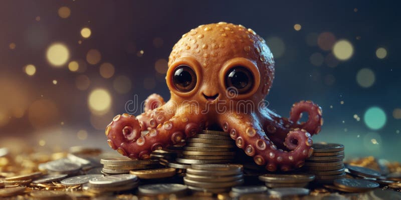 Funny Little Octopus Character Sitting on the Heap of Coins. Stock ...