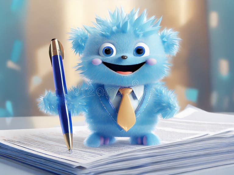 Office creature with pen stock illustration. Illustration of blue ...